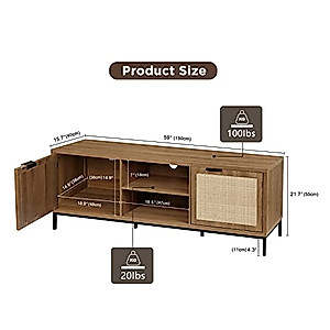 Anmytek Farmhouse Rattan TV Stand for 65 Inch TV Rustic TV Console Table with 2 Rattan Doors Modern Entertainment Center for Living Room Bedroom H0033