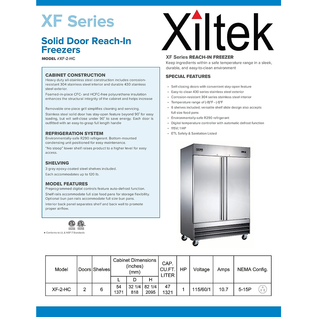 Xiltek 54" Commercial Two Door Freezer, All Stainless Steel, 49 cu.ft Reach-in Freezer for Restaurant, Bar, Shop, Food