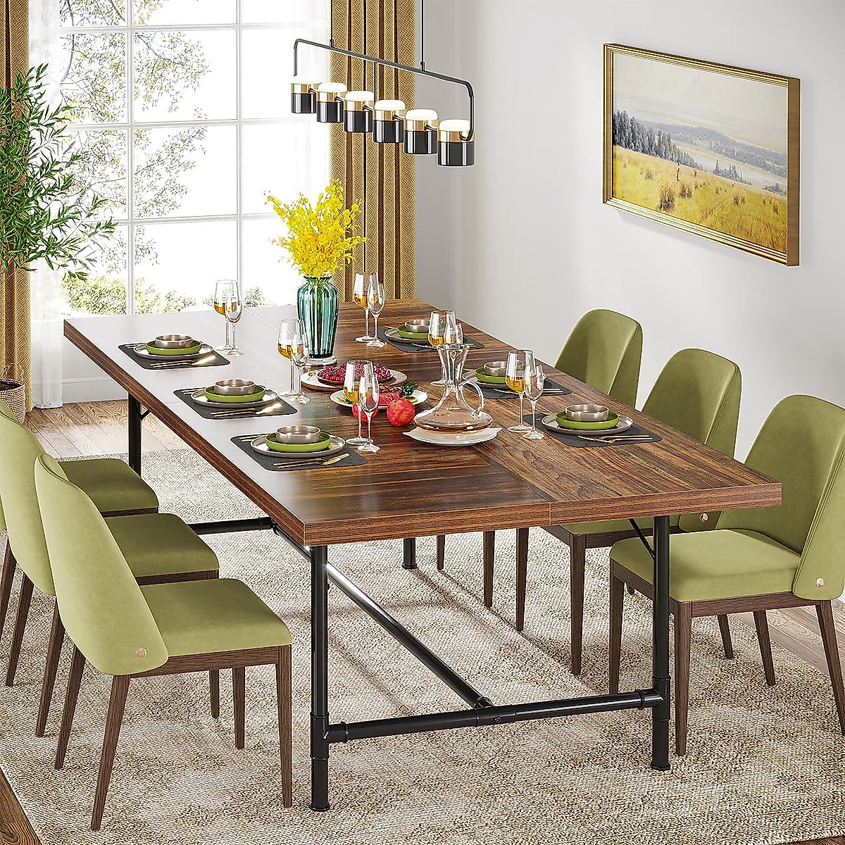 Tribesigns Dining Table for 6-8 People, 70.9-Inch Rectangle Wood Kitchen Table with Tube Metal Frame, Rustic Large Dining Room Table for Kitchen, Living Room