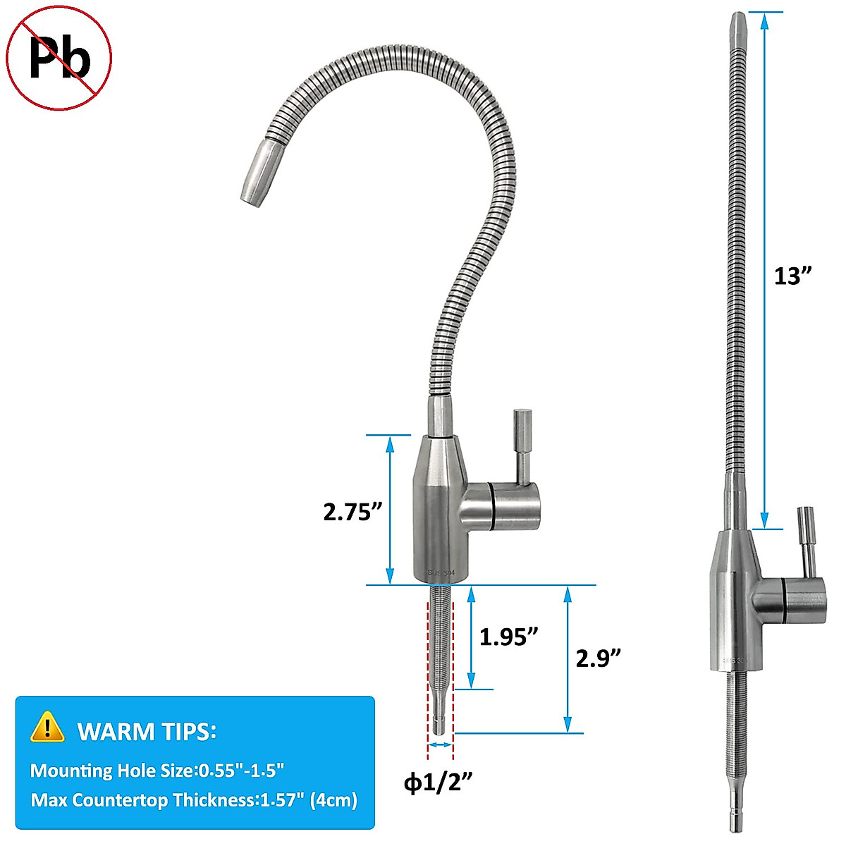 2024 Update Kitchen Water Filter Faucet with Flexible Gooseneck, Lead-Free Drinking Water Faucet Safety for Water Filtration Systems or Reverse Osmosis Systems, Stainless Steel Beverage Faucet