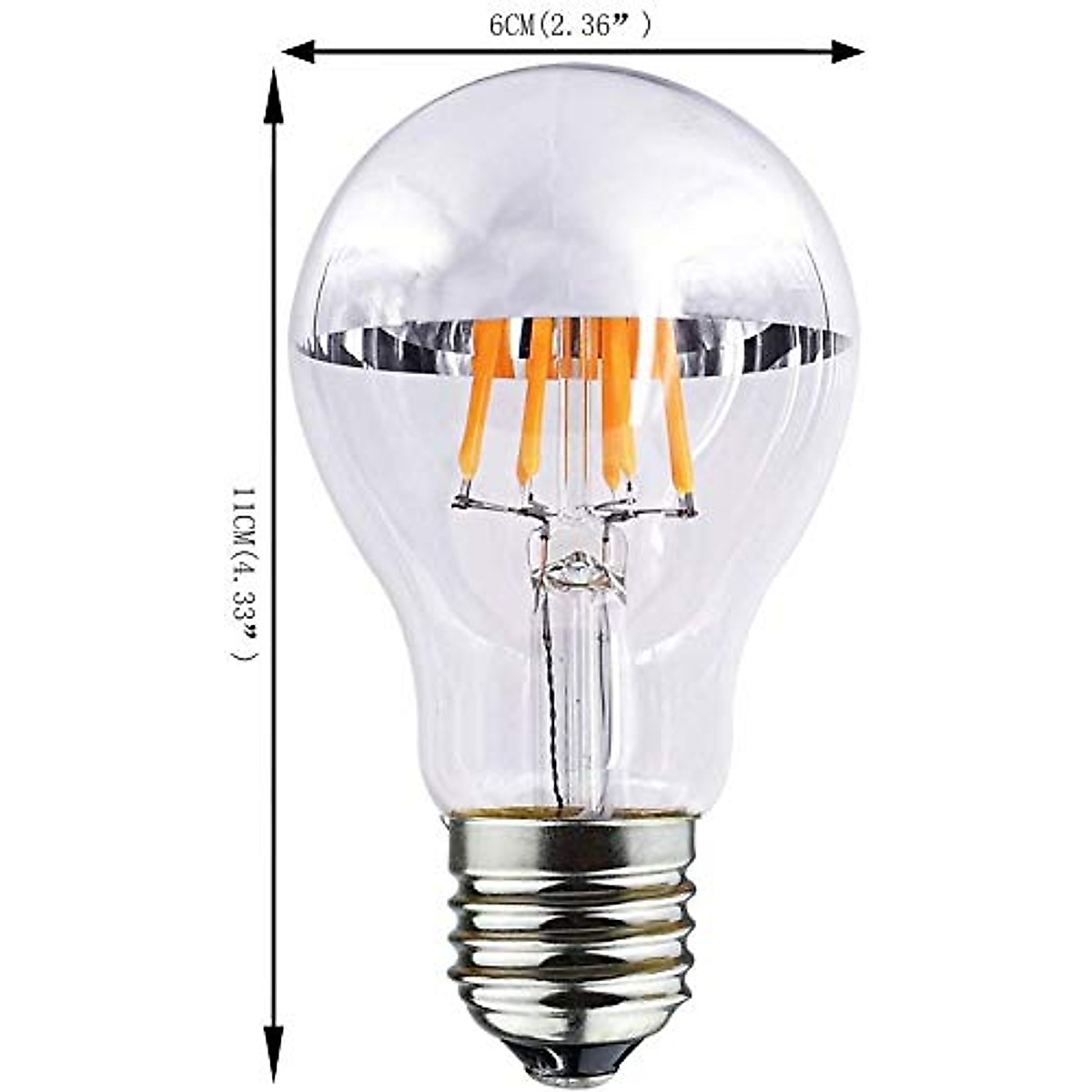 Half Chrome LED Filament Bulb A19 8W LED Light Bulb, Silver Bowl Tipped, E26 Base, Soft Warm White 2700K, 70W Equivalent, 110-120VAC, Dimmable (8)
