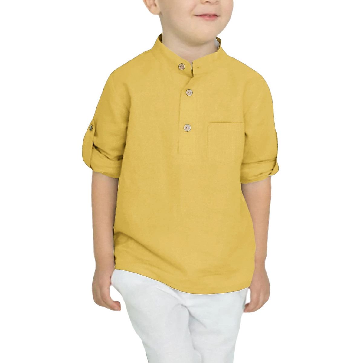 Arshiner Boys Cotton Linen Henley Shirt Button Down Shirt Long Sleeve T Shirt Beach Shirt Tee Casual Solid Tops Yellow