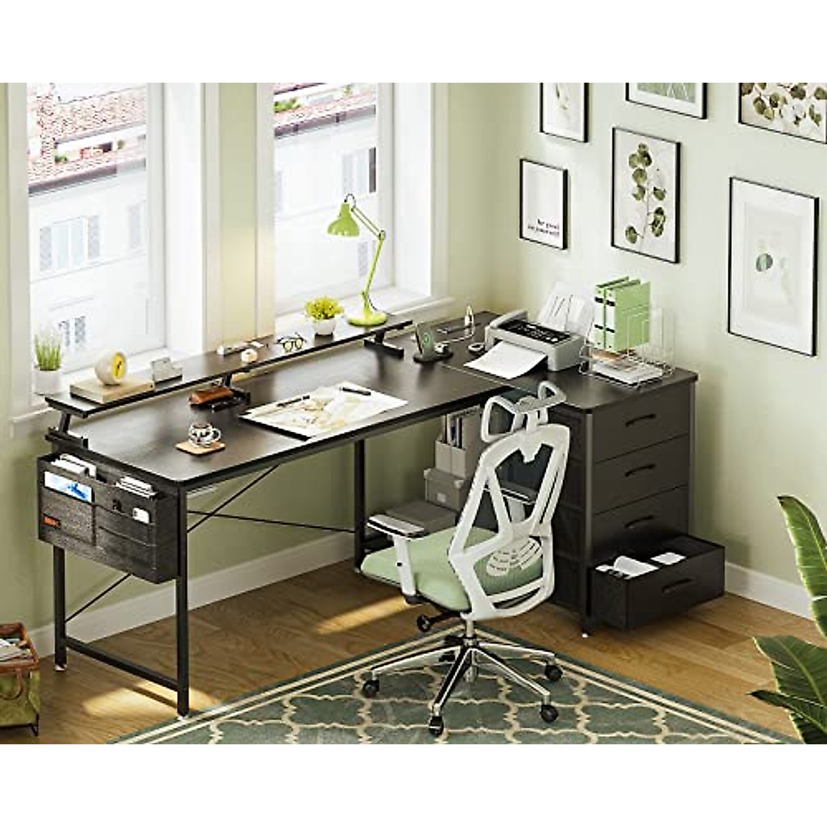 ODK 63 inch L Shaped Computer Desk with USB Charging Port & Power Outlet, Gaming Desk Corner Desk with 4 Tier Drawer & Monitor Shelf for Home Office Workstation, Modern Style Writing Table, Black