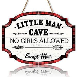 LHIUEM Little Man Cave Wooden Hanging Wall Sign,Red & Black Buffalo Plaid Woodland Door Sign Decor Wood Plaque,Boy Nursery Wall Decor For Toddlers Kids Baby Bedroom (8”X11”)
