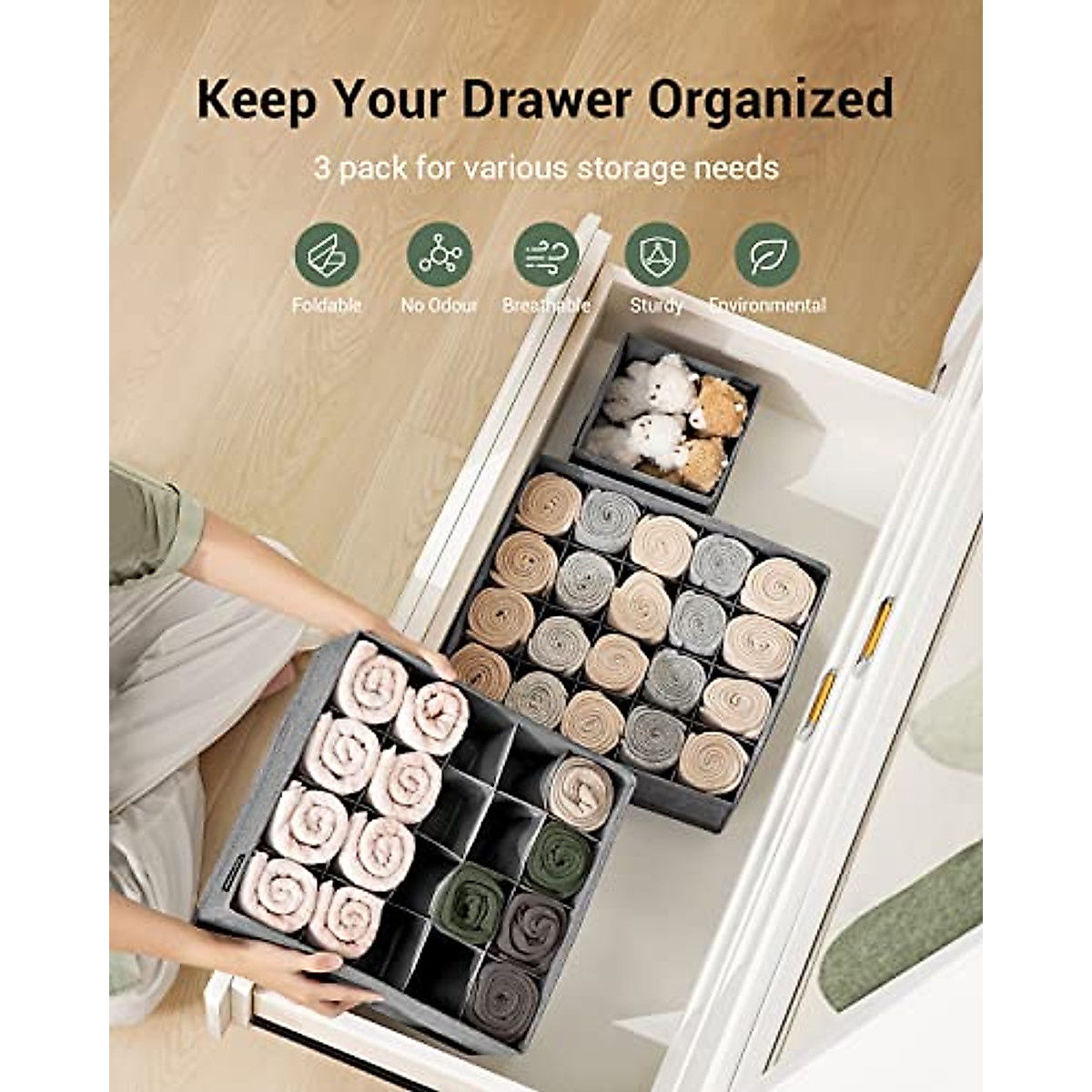 HogarTech Sock Orgainzer for Drawer, Durable Oxford Cloth, Removable Base Board, Sturdy Construction with Double Zippers, Dresser Organizer for Sock, 3 Pack, Grey