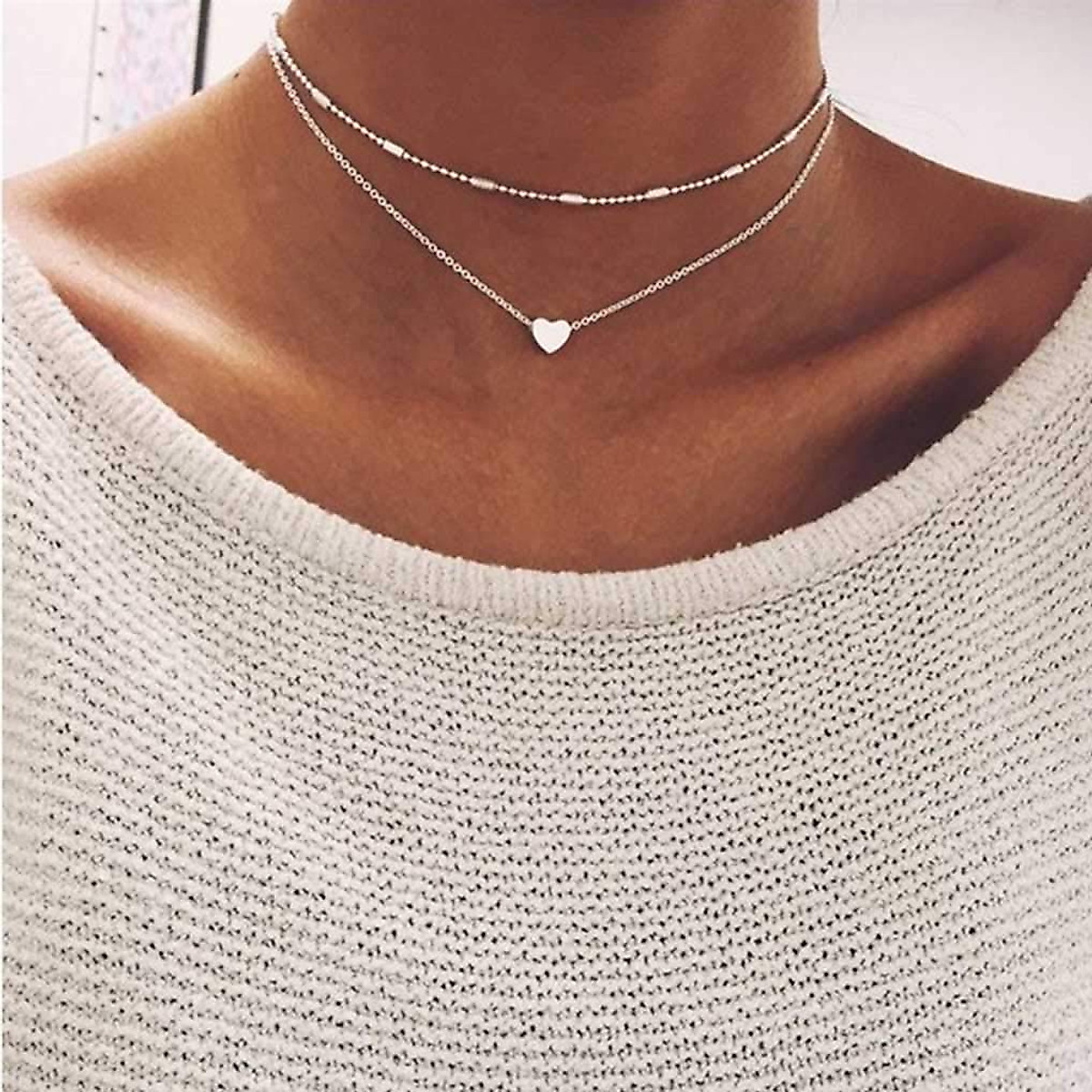 Yalice Double Layered Heart Necklace Chain Ball Satellite Choker Necklaces Jewelry for Women(Silver)