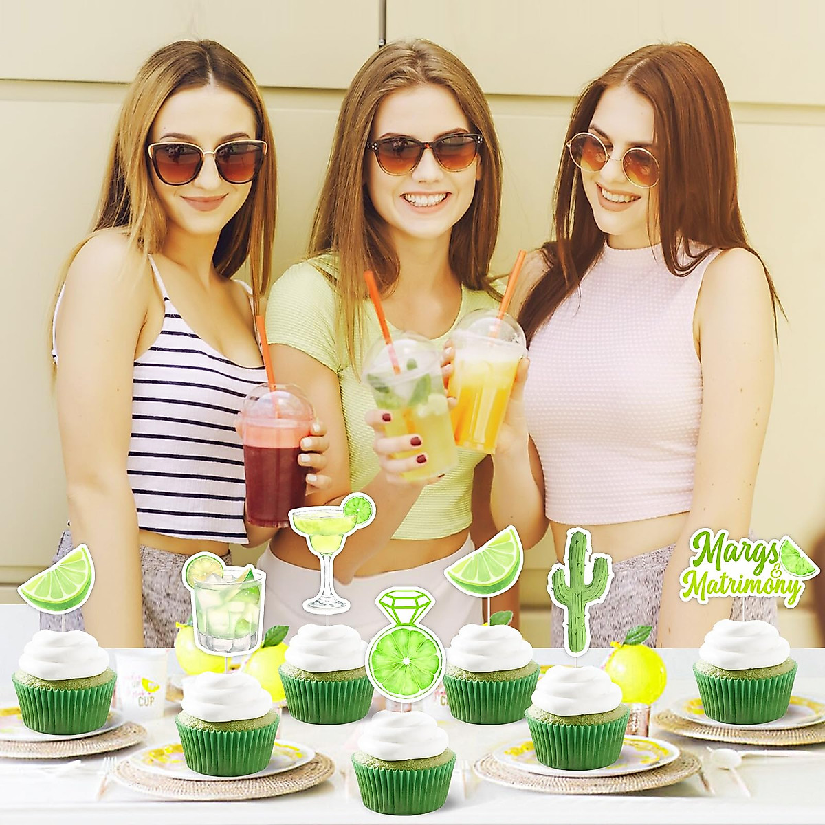 JOYMEMO 24 Pcs Margs & Matrimony Bachelorette Cupcake Toppers - Green Margarita Bridal Shower Decorations, Margaritas and Matrimony Bridal Shower Cake Decor for Mexican Fiesta Wedding Party