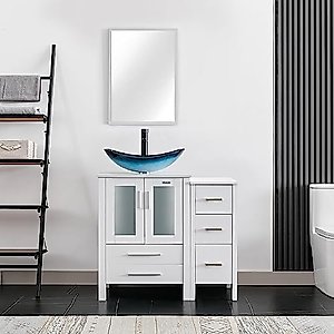 eclife 36" Bathroom Vanity Sink Combo White W/Side Cabinet Set Blue Boat Tempered Glass Vessel Sink & ORB Water Save Faucet & Solid Brass Pop Up Drain, W/Mirror (A29BU B02W)