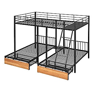 Metal Triple Bunk Bed Full Over Twin & Twin, Full Over Twin & Twin Bunk Bed with Storage Drawers, 3 Bunk Beds/Convertible Into 3 Beds, Metal Triple Bunk Beds for Kids,Teens, Girls(Black)