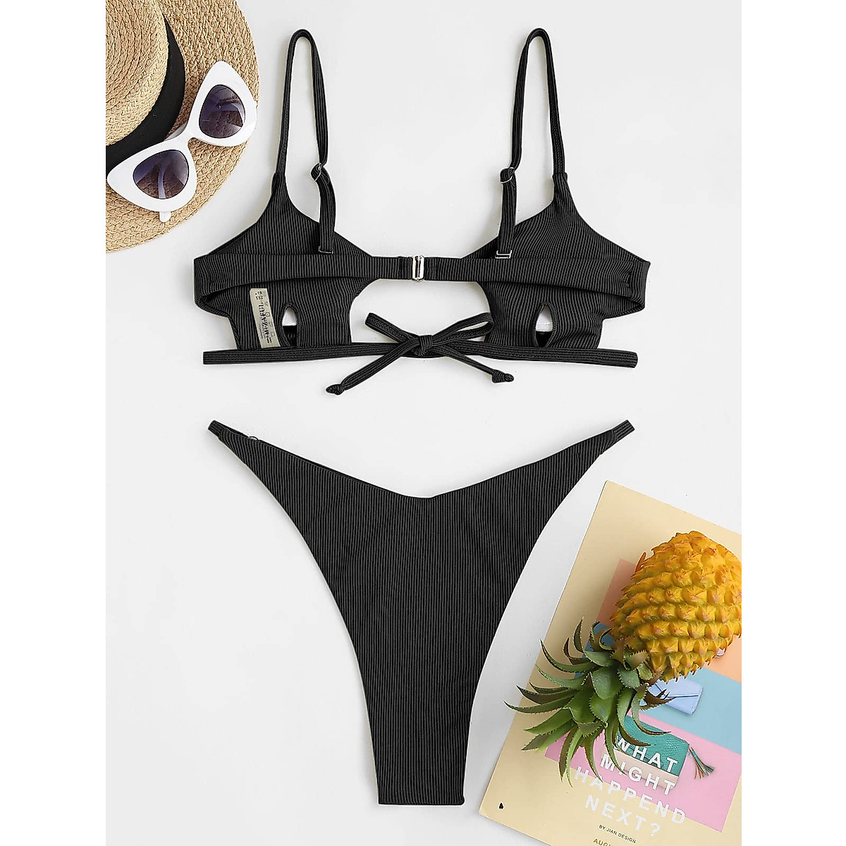 ZAFUL Women's Sexy Cutout Bikini Thong Bikini Set Tie Back Two Piece Swimsuit Bathing Suit (0-Black,M)