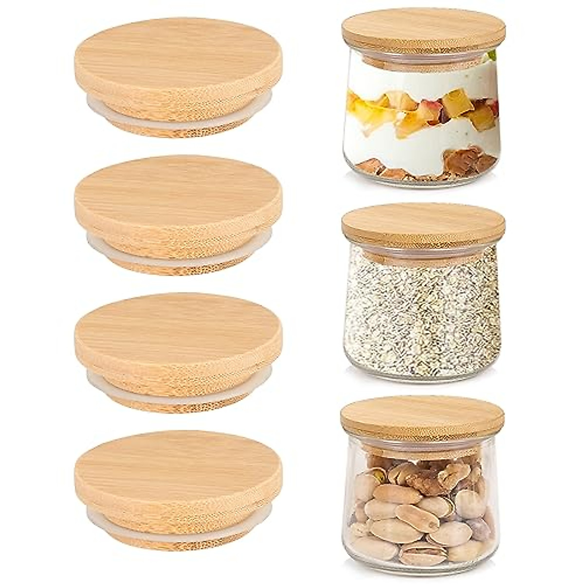 Oui Yogurt Jar Lids, 4 Pack Oui Lids, Reusable Natural Bamboo Wood Lids for Oui Yogurt Jars with Silicone Rings Tight Seal (Jars Aren't Included)