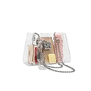 Leanoria Designer Clear Purse Tote Bag with Lock Chain Stadium Approved Clear PVC Plastic Bag Transparent See Through Handbag for Work (Silver)