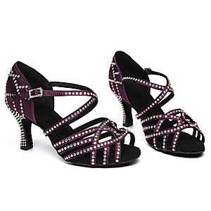 SWDZM Women's Latin Dance Shoes Rhinestone Ballroom Salsa Chacha Professional Performance Practice Dancing Shoes,L483-Purple-7.5,US 5.5