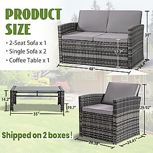 KROFEM 4 Pieces Patio Conversation Set, Outside Rattan Sectional Sofa, Cushioned Furniture Set, Wicker Sofa Ideal for Garden, Porch, Backyard, Grey Color Rattan and Light Grey Cushion