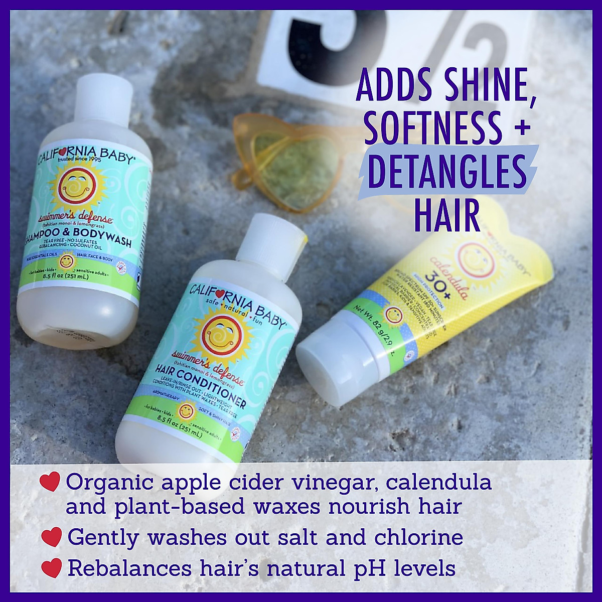 California Baby Swimmer's Defense Hair Conditioner | After Swim Kids Conditioner | Washes Out Chlorine | Softens & Detangles Hair | 100% Plant-Based | Allergy-Friendly | 251 mL / 8.5 oz.