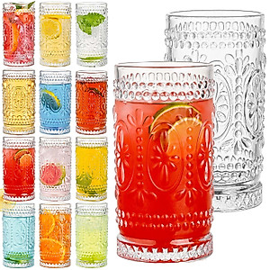Claplante Vintage Drinking Glasses, 12 pcs Romantic Highball Glasses, 15oz Glass Cups,Tall Water Glass Tumblers, Mojito Cups, Cocktail Glass, Vintage Glassware Set for Juice, Cocktail, Whiskey