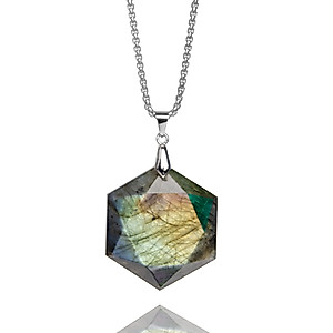 Labradorite Stone Dragons Heart Pendant Necklace, Natural Labradorite Hexagon Wrap Necklace for Men Women, Healing Crystal Energy Necklace