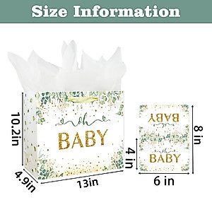 13" Large Baby Boy Girl Gift Bag for Baby Shower or Birthday with Handle, Tissue Paper and Greeting Card (Sage Green Design)