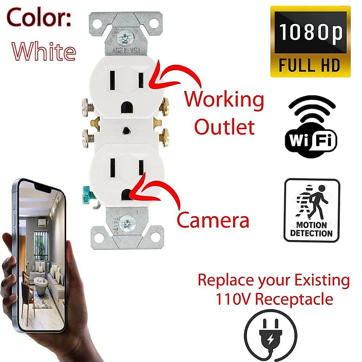 JOVISION USA HD 1080p Power Outlet Spy Camera Covert Receptacle AC DC Hidden Camera