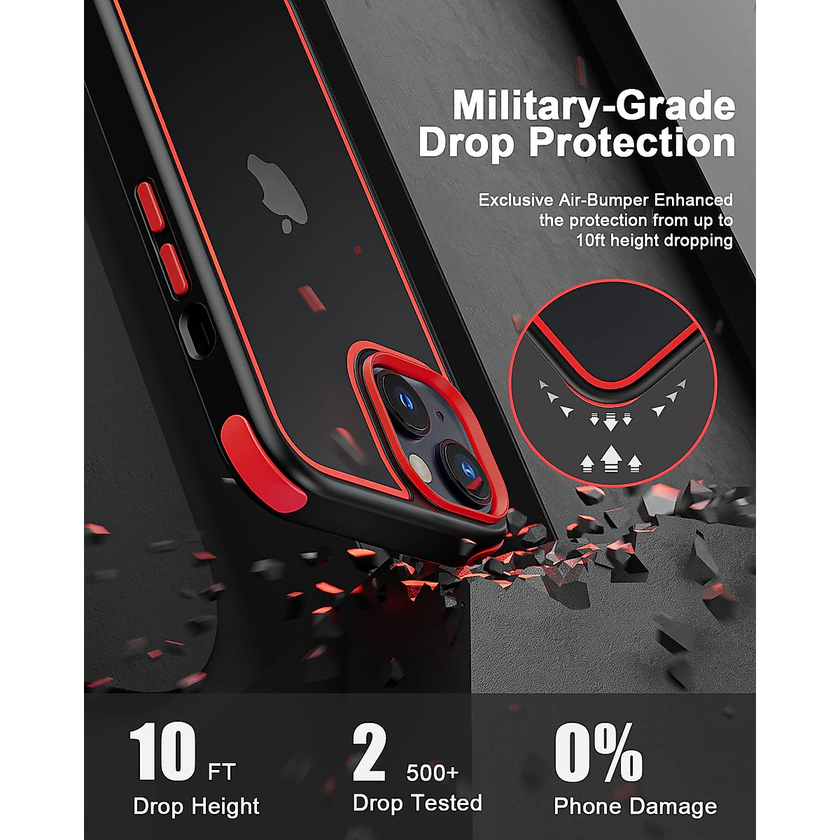 Mobnano Crystal Clear Case for iPhone 14 & iPhone 13, with Multicolor Protective Shockproof Bumpers [Not Yellowing] Slim Hard PC Back Cover for Men Women (Black/Red)