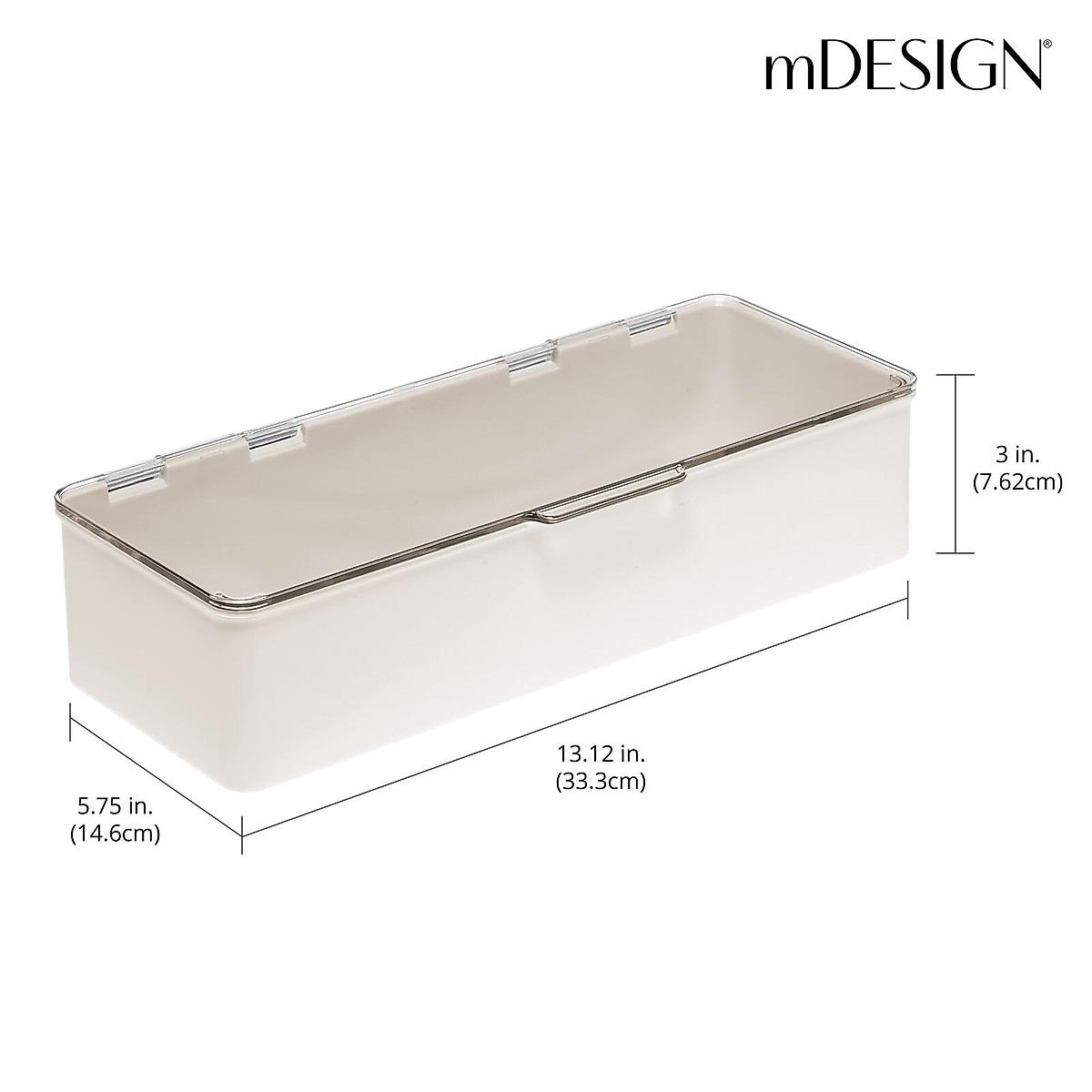 mDesign Long Plastic Cosmetic Storage Organizer Box Containers, Hinged Lid for Bedroom, Bathroom Vanity Shelf or Cabinet, Holds Masks, Palettes, Lotion, Nail Polish, 2 Pack, Cream/Beige/Clear