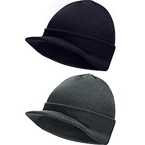 SATINIOR Men's Knit Cap with Brim Beanie Hat Warm Thick Hat for Outdoor (Black, Dark Gray, 2)