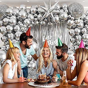 Disco Balloon Arch Garland Kit, Metallic Silver Balloon Arch with Disco Ball Balloons Silver Fringe Disco Ball Backdrop for Birthday Graduation Prom 2024 Disco Party Decorations