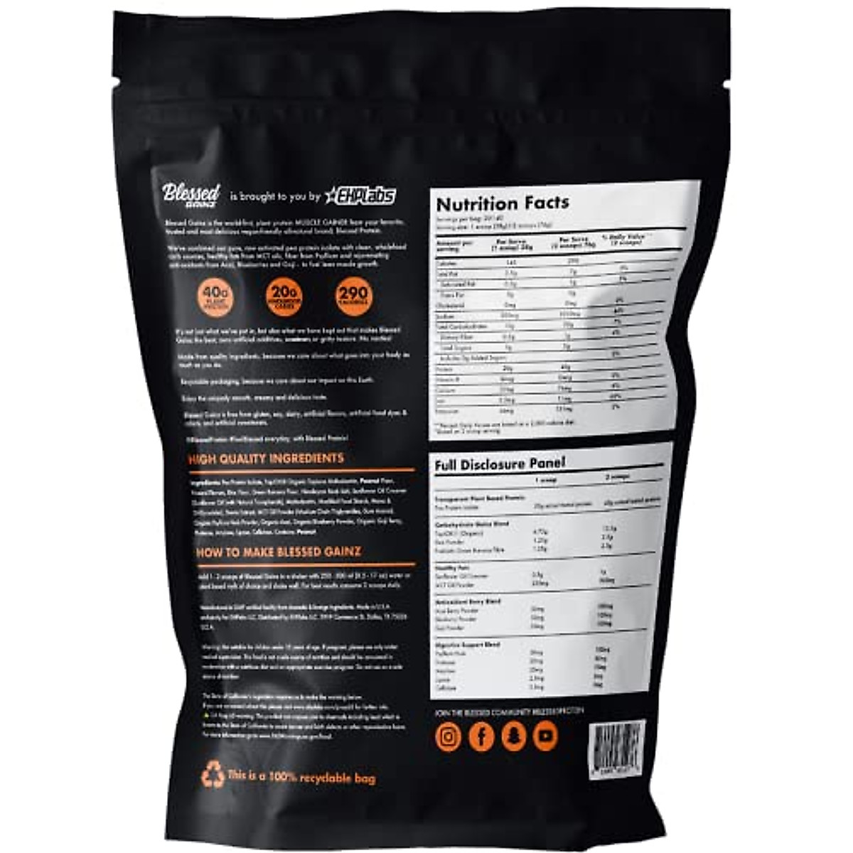 BLESSED Gainz Vegan Protein Powder Mass Gainer - 40g Plant Based Protein Powder - Meal Replacement Shake with Pea Protein Powder - Vegan Protein Shake - 40 Servings (Peanut Butter)