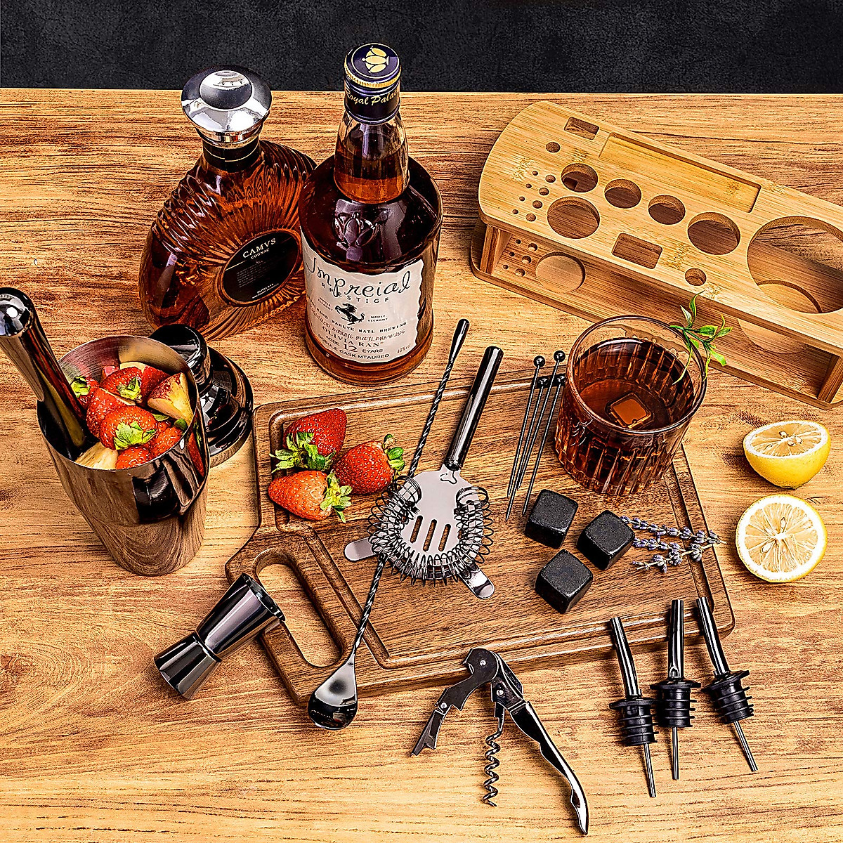 25-Piece Cocktail Shaker Set with Bamboo Stand, 304 Stainless Steel Bartender Kit, Professional Martini Shaker Bar Tool Set for Drink Mixing, Home, Bar, Party (Gun-Metal Black)