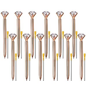 Coopay 12 Pieces Big Crystal Diamond Pens Rose Gold Pens Metal Ballpoint Pens and 12 Pieces Ballpoint Pen Refills in Black Ink for School Office