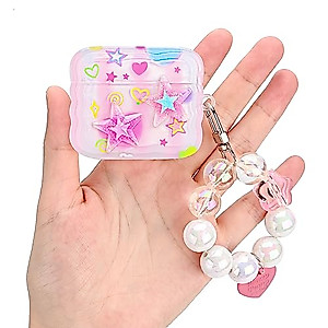 Cute AirPods 3 Case with Love Pendant Colorful Round Bead Keychain, Glitter 3D Stars Design Soft Protective Cover Compatible with AirPods 3rd Generation Case for Girls and Womens