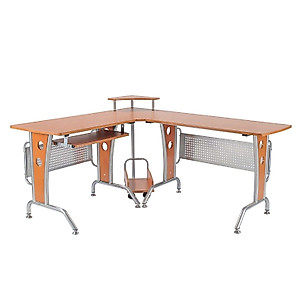 HOMCOM L-Shaped Corner Computer Office Desk Workstation with Elevated Shelf, Rolling Keyboard Tray, & Convenient CPU Stand, Wood Color
