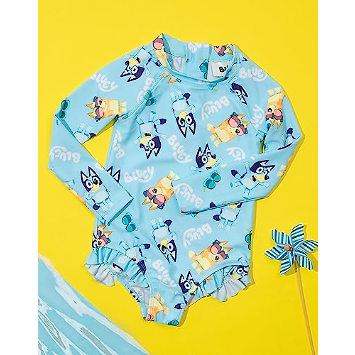 Bluey Girls Swimsuit | Baby Toddlers Blue Bingo Swimming Costume Long Sleeve with Frill