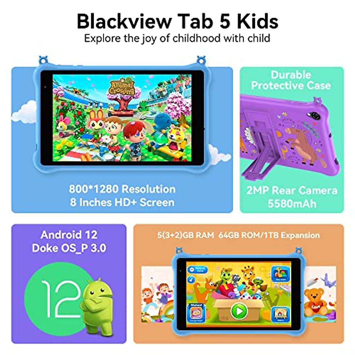 Blackview Tablet Kids, Android 12 Tablets for Toddlers, 5GB(3+2) RAM 64GB ROM 1TB TF, 5580mAh 1280 * 800 with Eyes Protection, Dual Speakers WiFi Tablet for Children, Purple