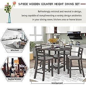FANYE 5-Piece Counter Height Kitchen & Dining Room Dinette Furniture Sets Include Wooden Square Table with Bottom Storage Shelves and 4 Upholstered Back Chairs for 4 Persons Family Meal,Gray, Grey