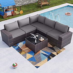 Kullavik Outdoor Patio Furniture Set 6 Pieces Sectional Rattan Sofa Set Brown PE Rattan Wicker Patio Conversation Set with 5 Grey Seat Cushions and 1 Tempered Glass Table