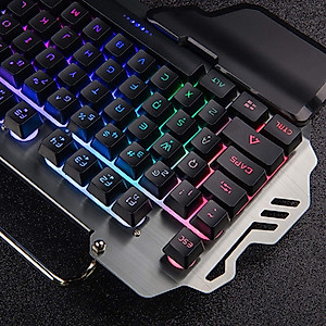 MUMUJJ Computer Gaming Mechanical Keyboard, 7-Color Rainbow Backlit Effect, with Mobile Phone Holder, Multimedia Shortcuts, Black