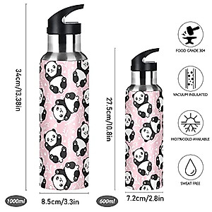 ALAZA Pink Pandas Water Bottle with Straw Lid Vacuum Insulated Stainless Steel Thermo Flask Water Bottle 20oz