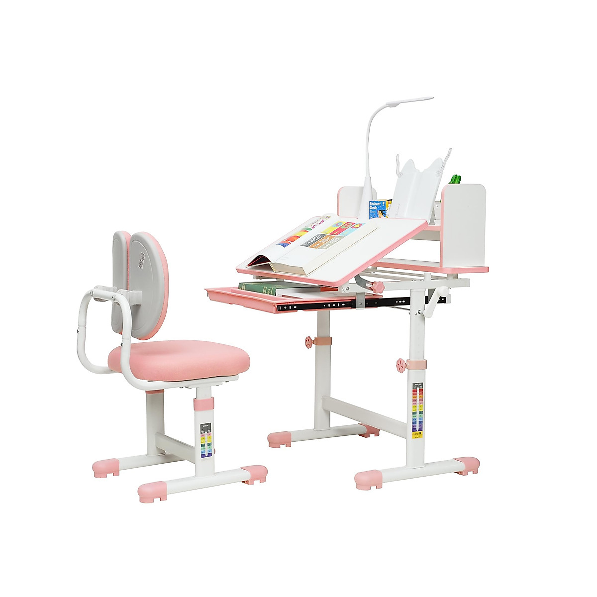 MOOITZ Kids Desk and Chair Set, Height-Adjustable Desk for Kids, Kid Desk with Led Lamps, Childrens Desk with 60° Tilting Tabletop, Upholstered Recliner and Multiple Extra-Large Storage Drawer (Pink)