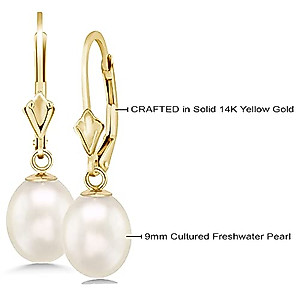 Gem Stone King 14K Yellow Gold 9MM Cultured Freshwater Pearl Dangle Earrings For Women