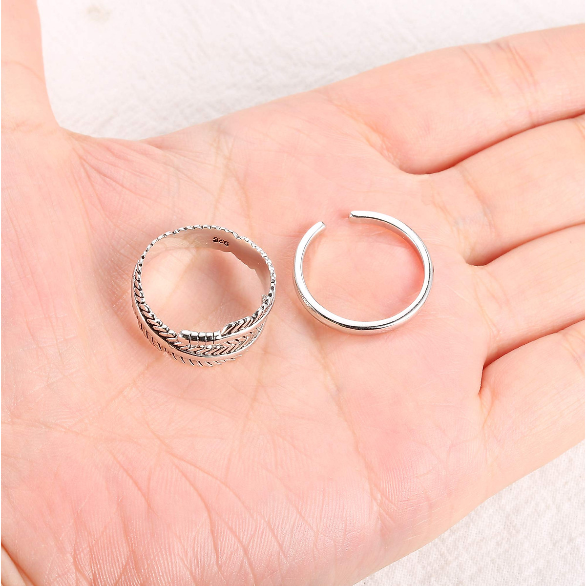 JOERICA 925 Sterling Silver Rings for Women Adjustable Feather Ring Statement Leaf Ring Open Stackable Plain Wedding Band Ring