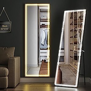 Uliyati Full Length Mirror with Lights, 63"x16" Full Body Mirror with Light, Free Standing Lighted Floor Mirror, Wall Mounted LED Mirror Full Length, Dimming & 3 Color Lighting for Bedroom, Black