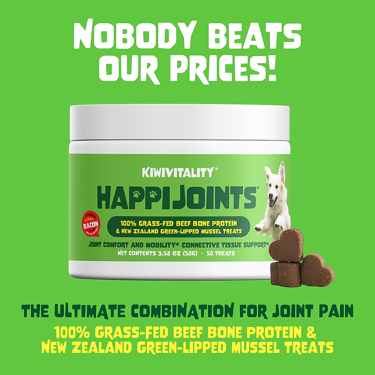 HappiJoints Hip and Joint Supplement Treats for Dogs, Cats • 100% Grass-Fed Beef Bone Collagen New Zealand Green-Lipped Mussels • 50 Treats