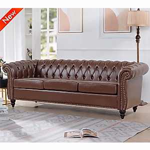 VENYAA Higher Quality and Stronger 84.65" PU 3 Seater Sofa Couch with Enhanced Legs and Rolled Arm for Living Room Office, Thickened Reinforced 3 Seater Leather Couch (Easier To Assemble) (Dark Brown)