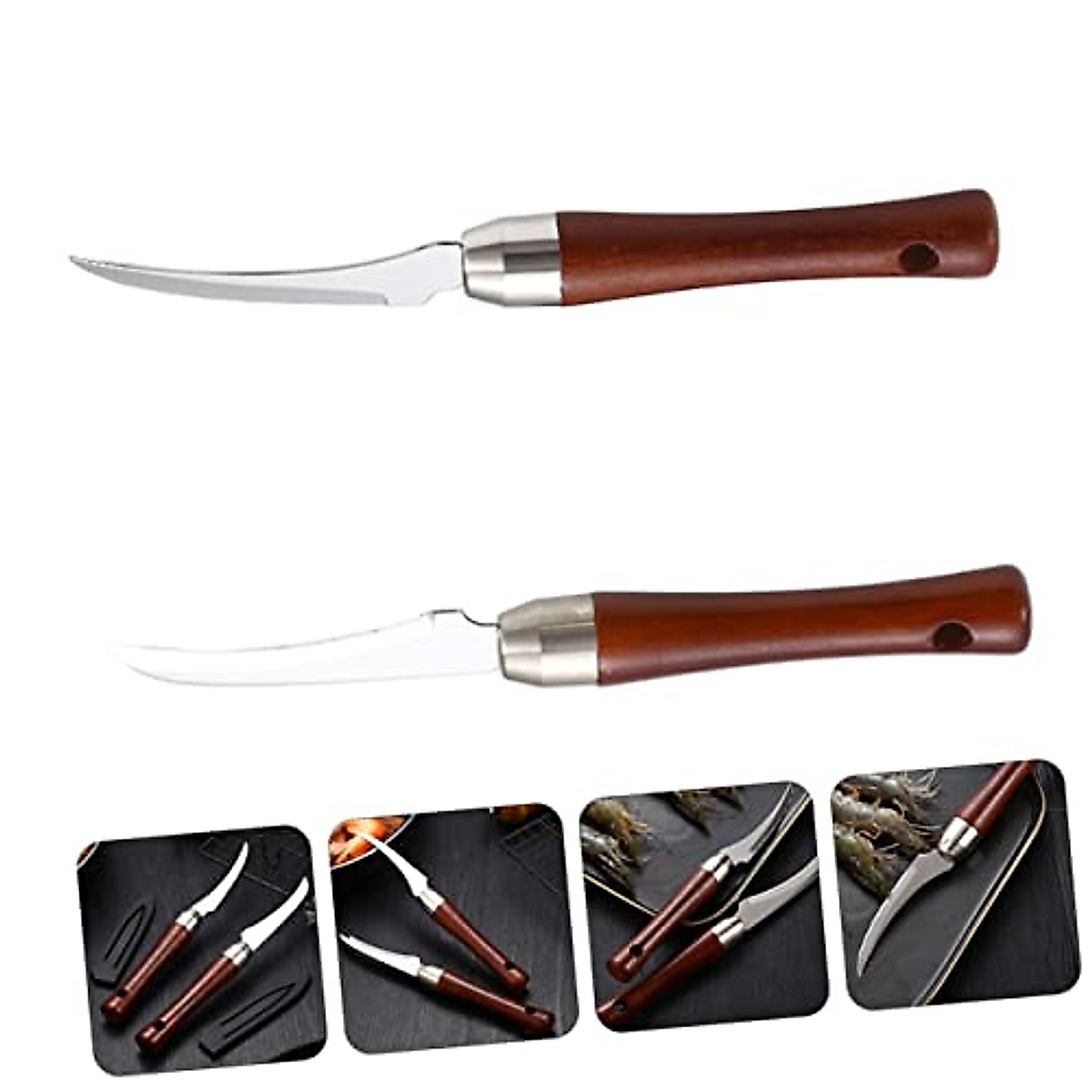 UPKOCH 2pcs Shrimp Peeling Knife Stainless Steel Cleaner Shrimp Deveiner Tool Oyster Knife Shrimp Master Tool Shrimp Line Peelers Shrimp Peeling Tool Shrimp Peeler Log Wooden Handle Suite
