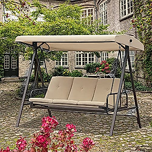 Aoodor 2 in 1 Patio Porch Swing Bed Olefin Fabric Fade Resistant Outdoor Converting Adjustable Canopy, Weather Resistant Glider with Removable 3 Seater - Brown