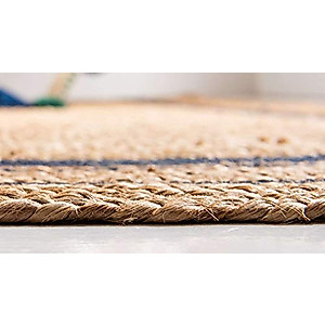 Unique Loom Braided Jute Collection Classic Quality Made Hand Woven with Coastal Design Area Rug, 6 ft x 9 ft, Natural/Navy Blue