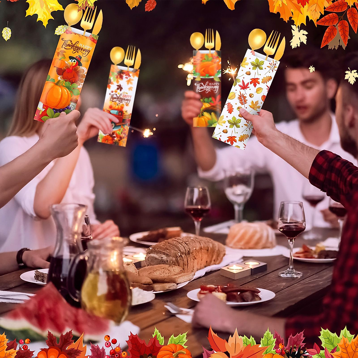Containlol 100 Pack Fall Thanksgiving Silverware Bags Disposable Thankful Kraft Paper Cutlery Bags Autumn Utensil Holders Rustic Kitchen Decor Table Decorations for Harvest Party Supplies