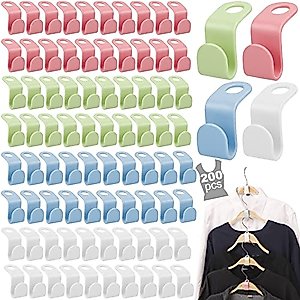 200 PCS Clothes Hanger Connector Hooks, 4 Colors Magic Hanger Hooks Heavy Duty Cascading Connection Hooks Space Saving Hanger Extenders Clips for Clothes for Organizer Closet