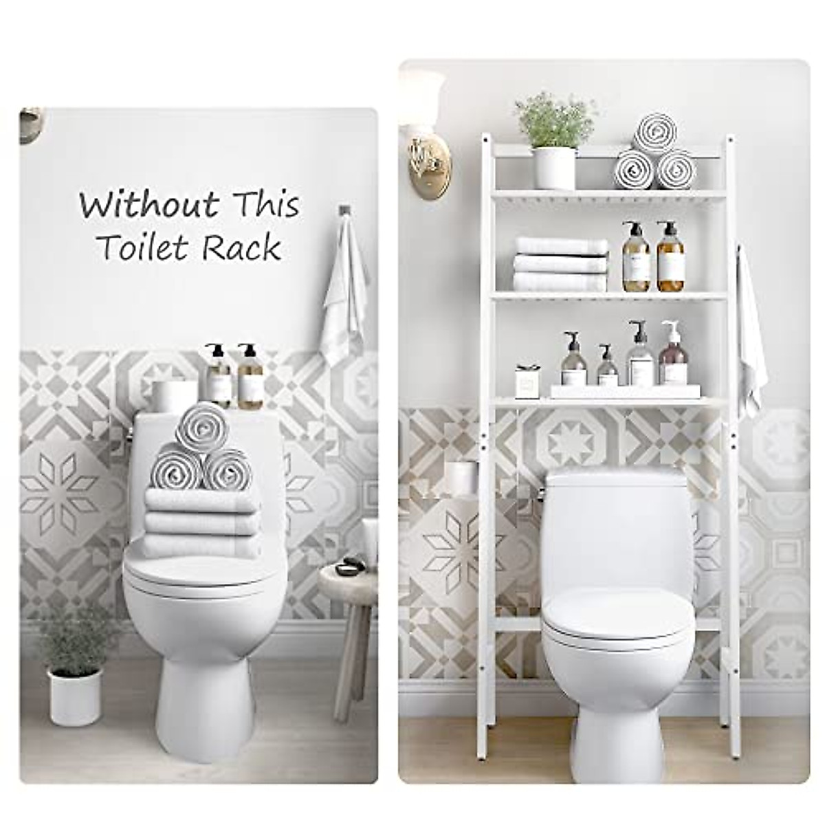 MallKing Over The Toilet Storage, Wooden 3-Tier Over-The-Toilet Rack Bathroom Space Saver Organizer, Freestanding Above Toilet with Toilet Paper Holder and Hooks (White)